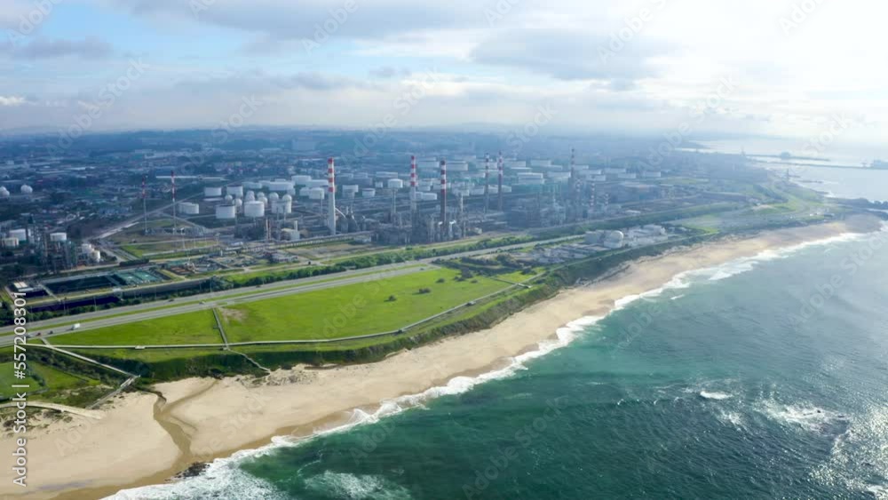 Aerial view of a huge power plant on the shore of the sea. Power plant ...