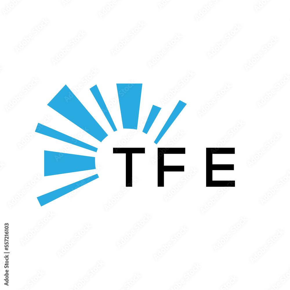 TFE letter logo. TFE blue image on white background and black letter ...