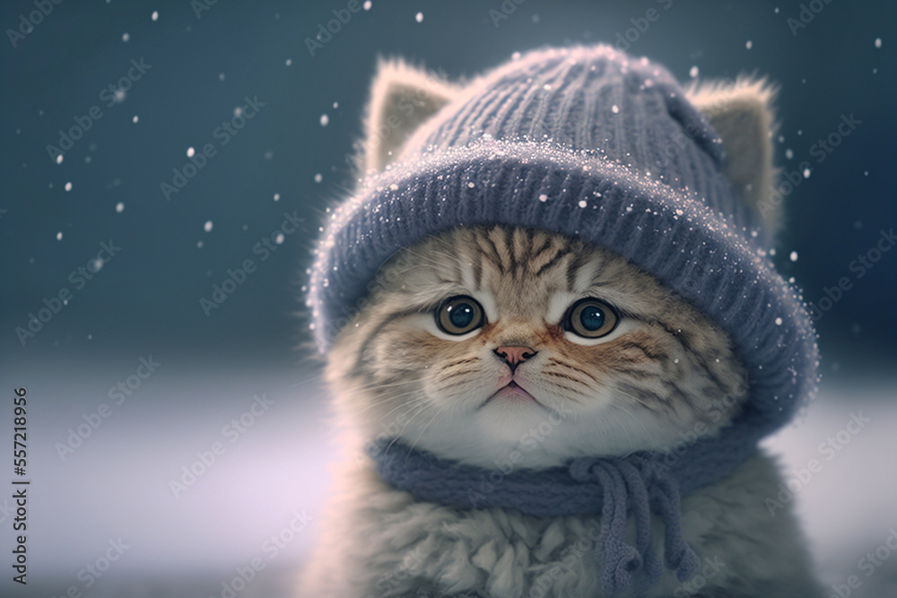 Süße baby Katze im Schnee mit Bokeh und Schneeflocken im Hintergrund ...