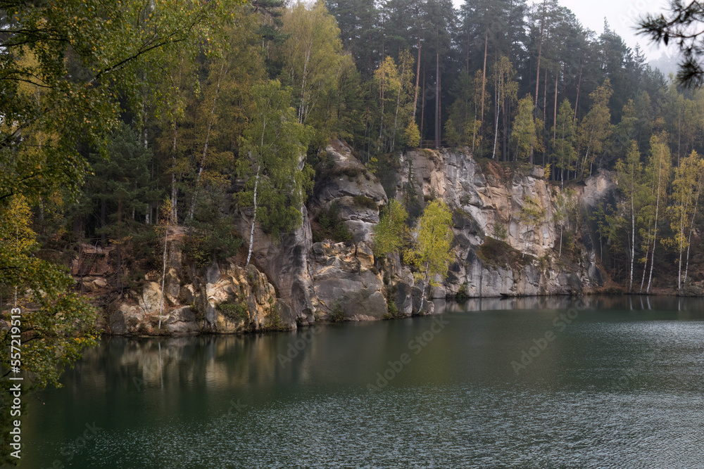 Romantic view of a mountain lake, beautiful turquoise water, mist ...