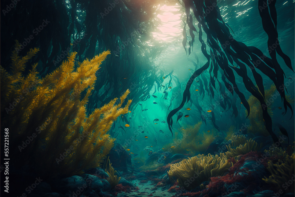 Underwater view of a kelp forest with filaments, walls of seaweed and ...