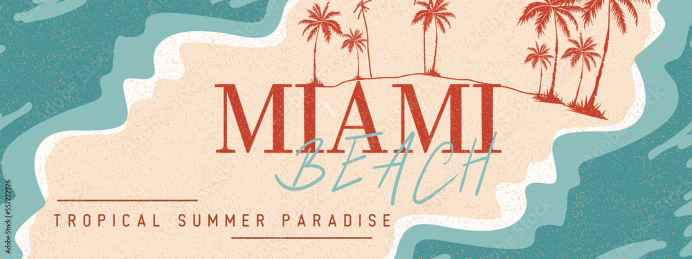 Miami Beach Banner Design Wave palm tree distressed typography ...