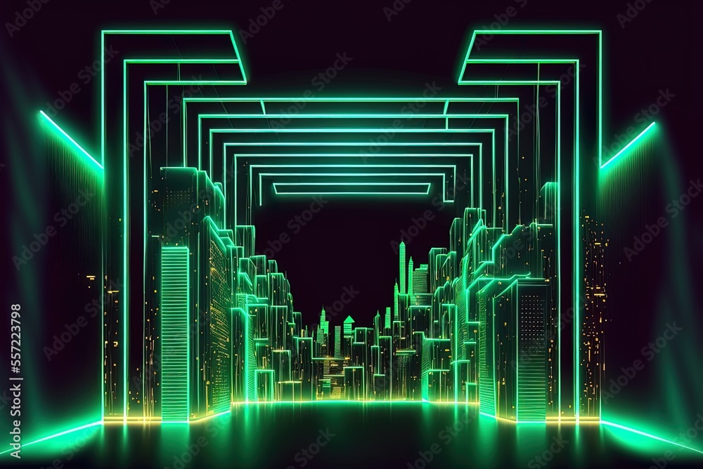 Skyscrapers beneath a starry night sky, a luminous rectangular gateway ...