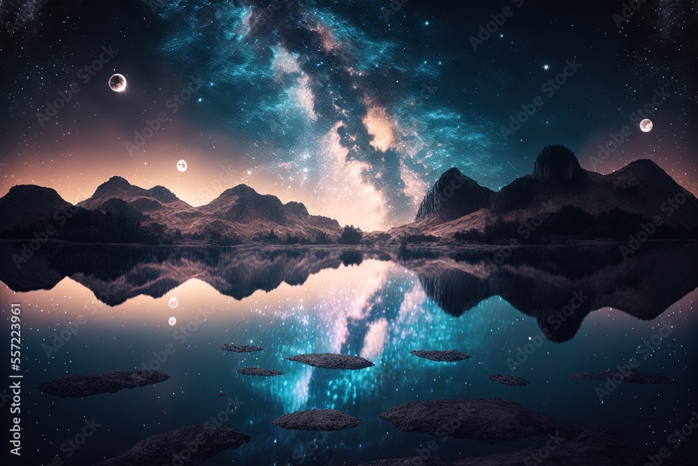 Fantasy nighttime setting with a starry sky and a body of water in ...