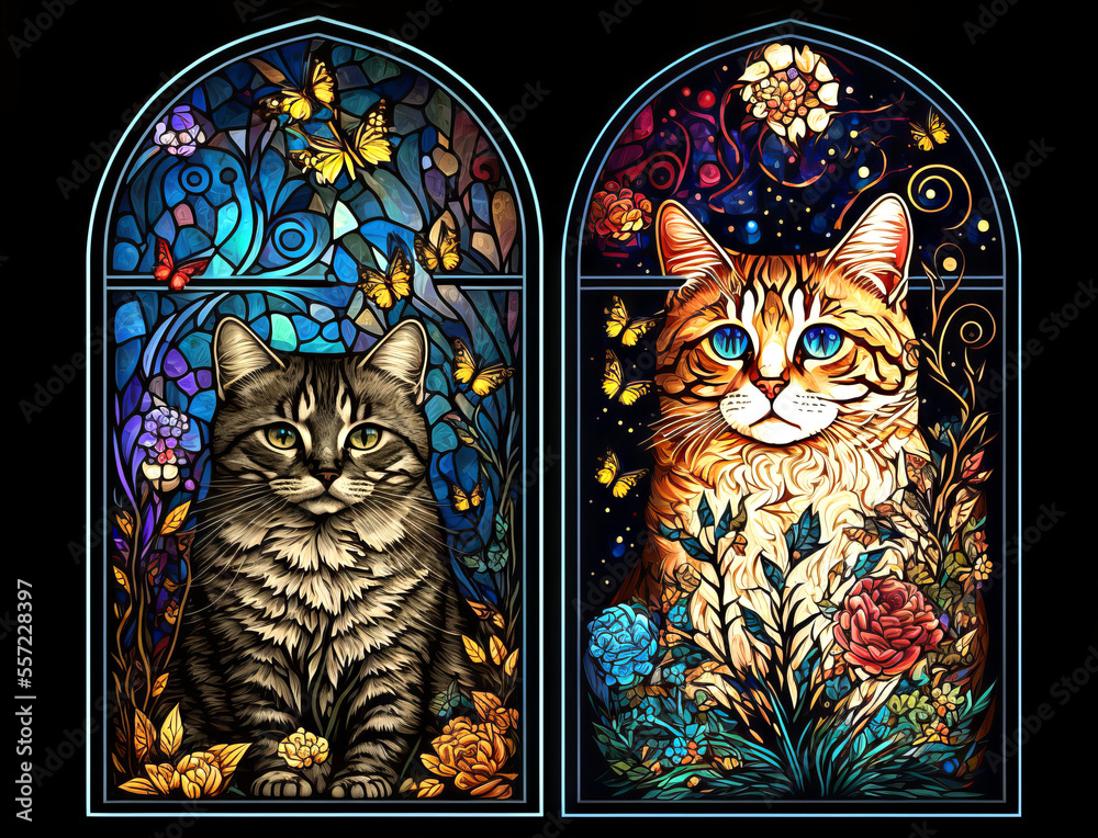 Stained Glass Windows with Cats in the window. Generative ai ...