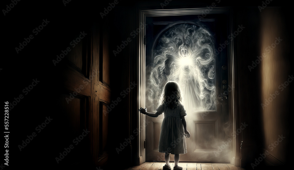 Mysteries light, going through the door into the light. Girl looking ...