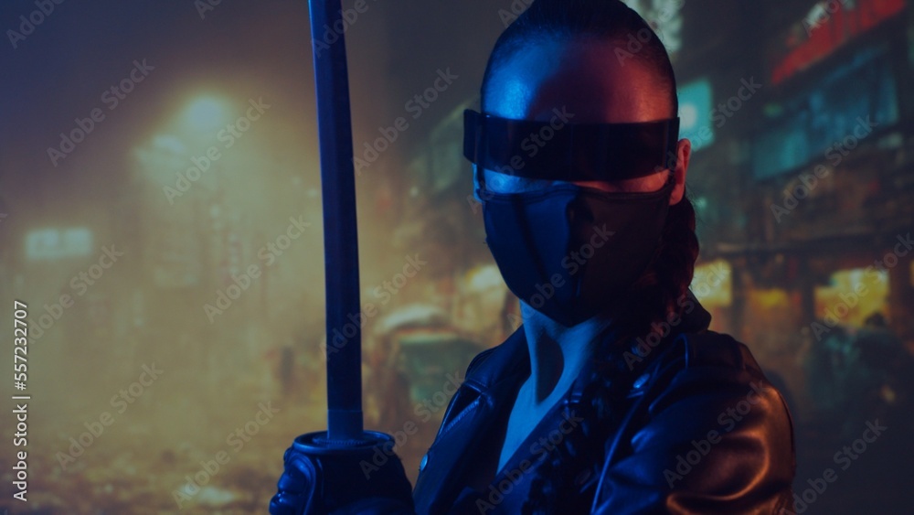 Cyberpunk ninja girl in a mask and with a katana. Beautiful female ...