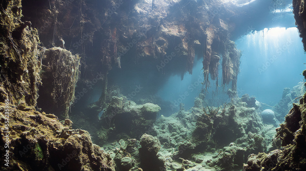 underwater view of a submerged giant ancient underground cave, with ...
