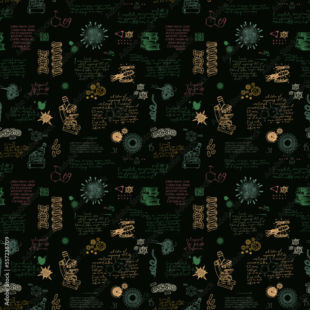 Vector seamless pattern on scientific topic in virology, chemistry ...