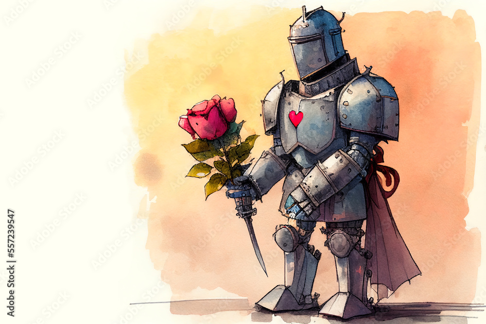 Knight in shining armour holding giant rose with love heart on chest ...