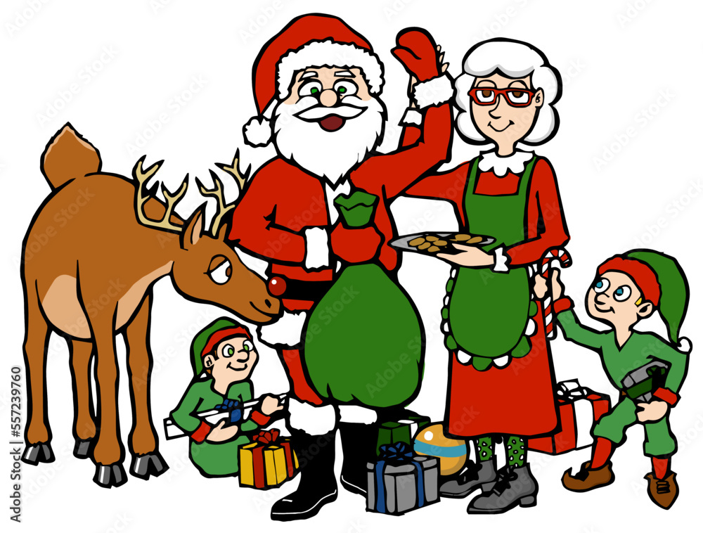 cartoon santa claus family with reindeer Stock Vector | Adobe Stock