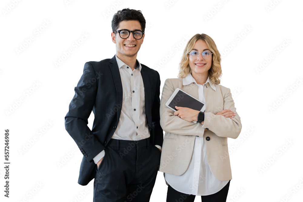 Businessmen man and woman in formal attire holding a laptop office ...