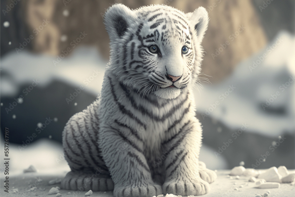 White Tiger Cub 3D rendered Computer generated image | Kawaii Style | Snow in the background ...