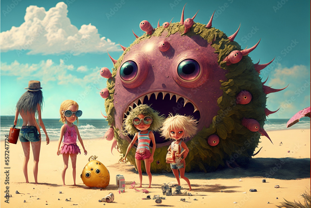 Children playing with cute alien monsters at the beach. Having fun on a ...