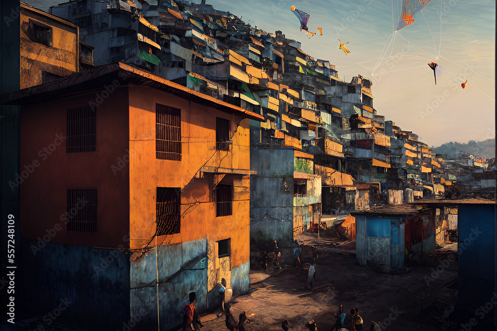 Overcrowded slums with multi-story square houses and shops built with ...