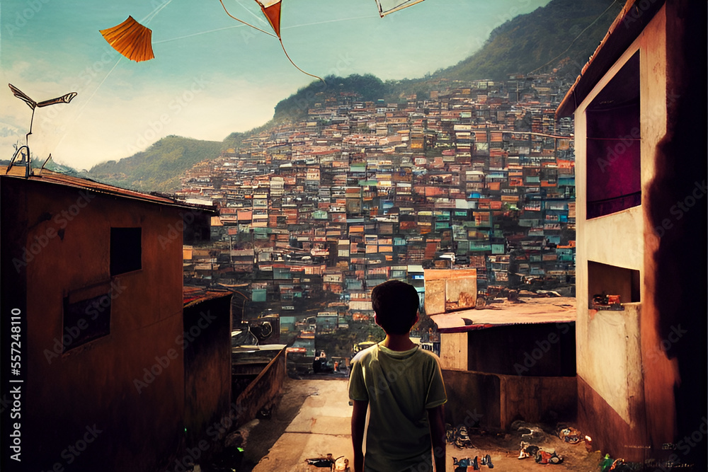 Poster, Foto Boy flying a kite in overcrowded slums with square ...
