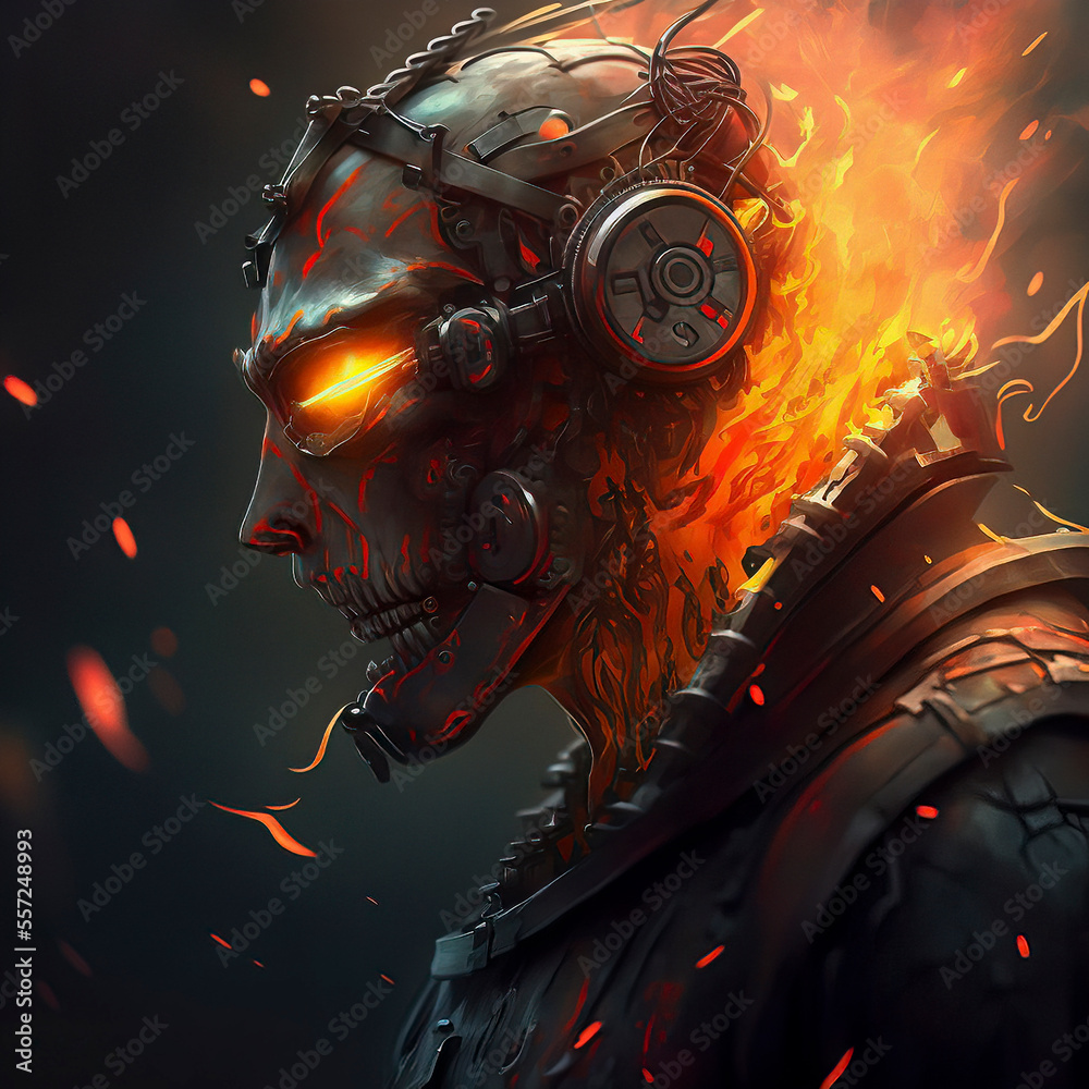 Concept Art Cyborg with Glowing Eyes Flames Coming out of his Neck made ...