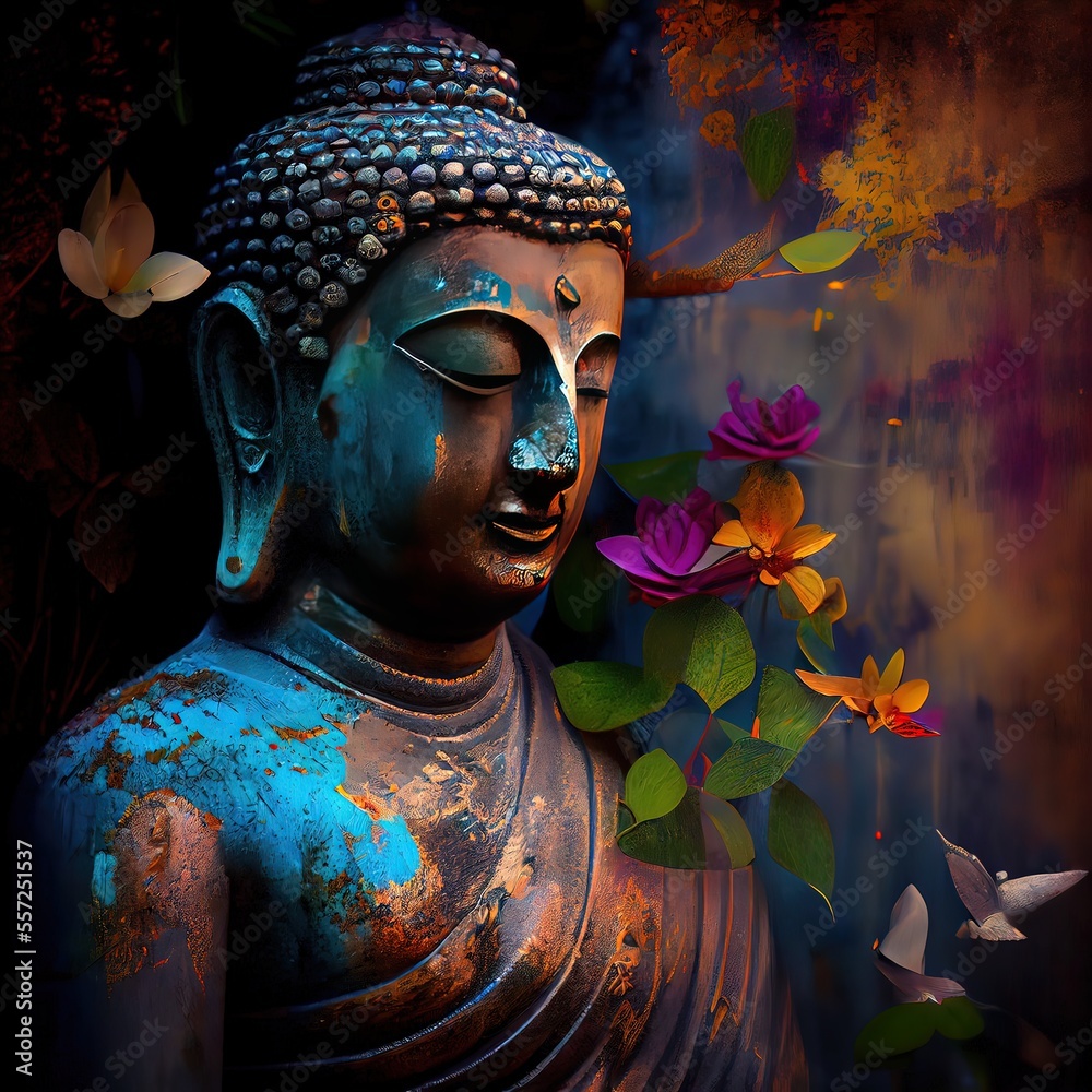 abstract lifelike buddha, flowers, birds, beautiful metallic colors ...