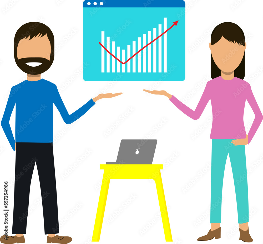 Infographic with two cartoon figures and a bar chart showing statistics ...