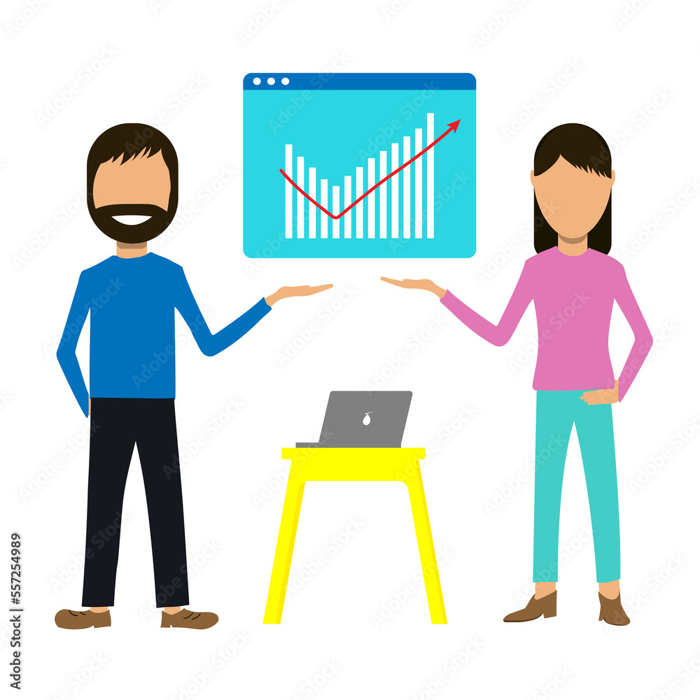 Infographic with two cartoon figures and a bar chart showing statistics ...