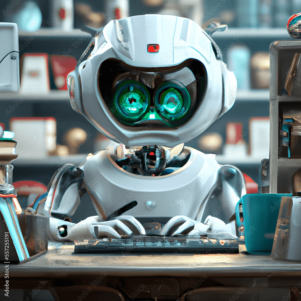 A detailed illustration of a small high-tech white robot with an ...