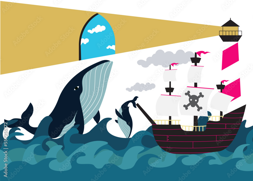 scene of whale pirate ship and sea iluustration Stock Vector | Adobe Stock