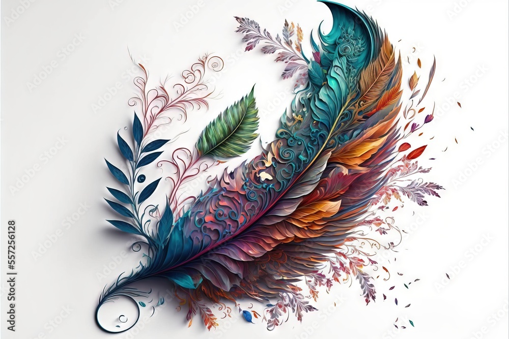 a colorful feather with a swirly tail on a white background with a ...