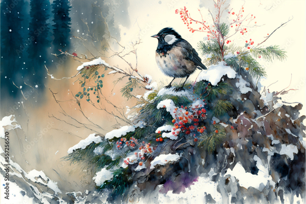 watercolor masterpiece with maximum texture of winter scenery wild bird ...