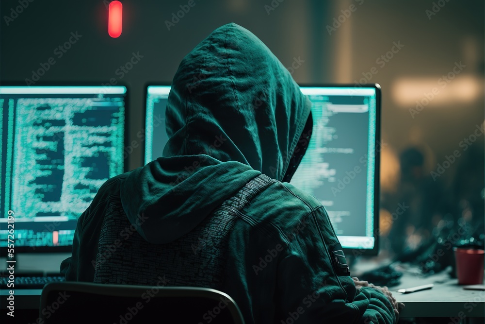 Hooded hacker programmer sits in front of computer, back view. Generative AI. Stock Illustration ...