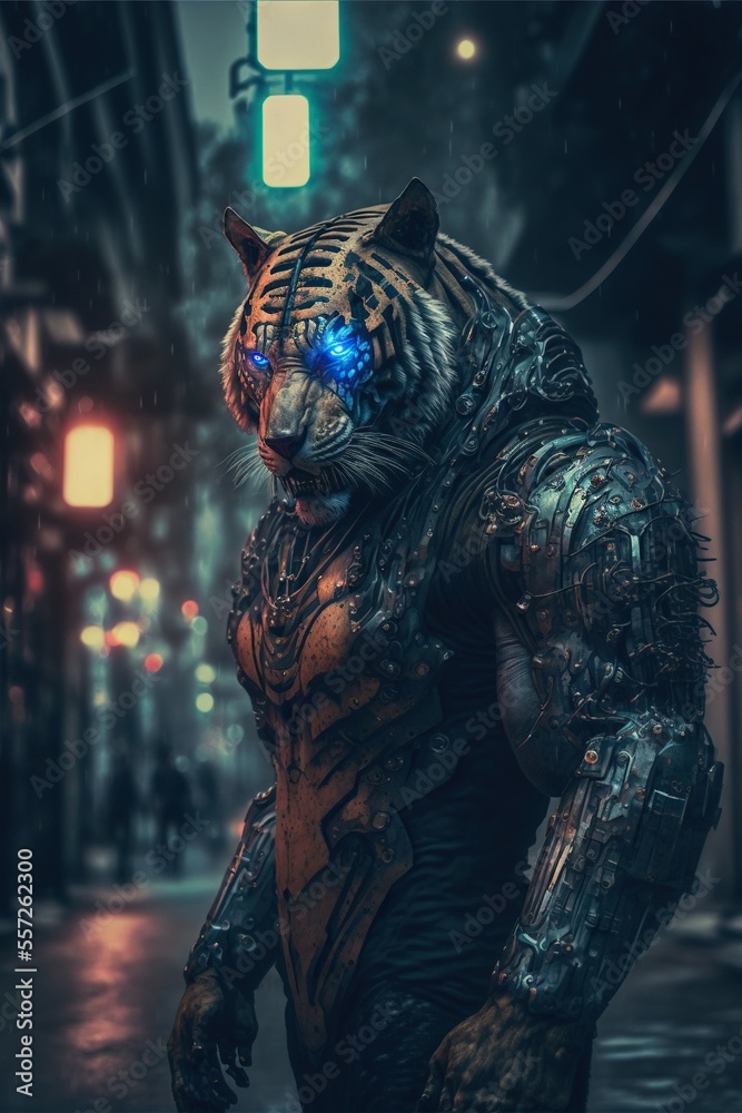 Humanoid tiger mutant in a cyberpunk city, character design. ilustração ...