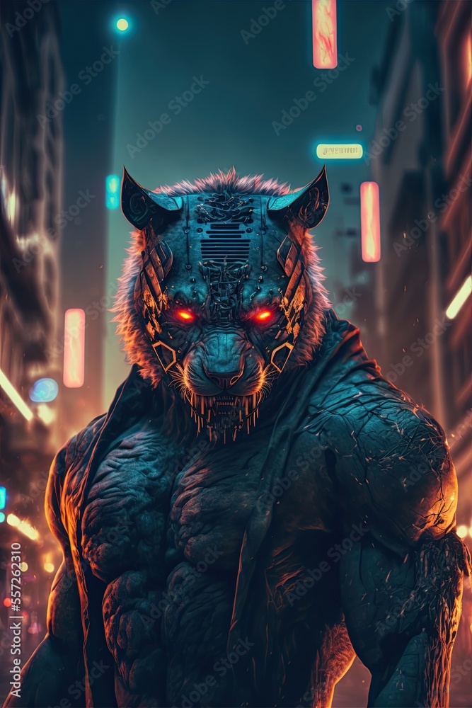 Humanoid bear mutant in a cyberpunk city, character design. Stock ...