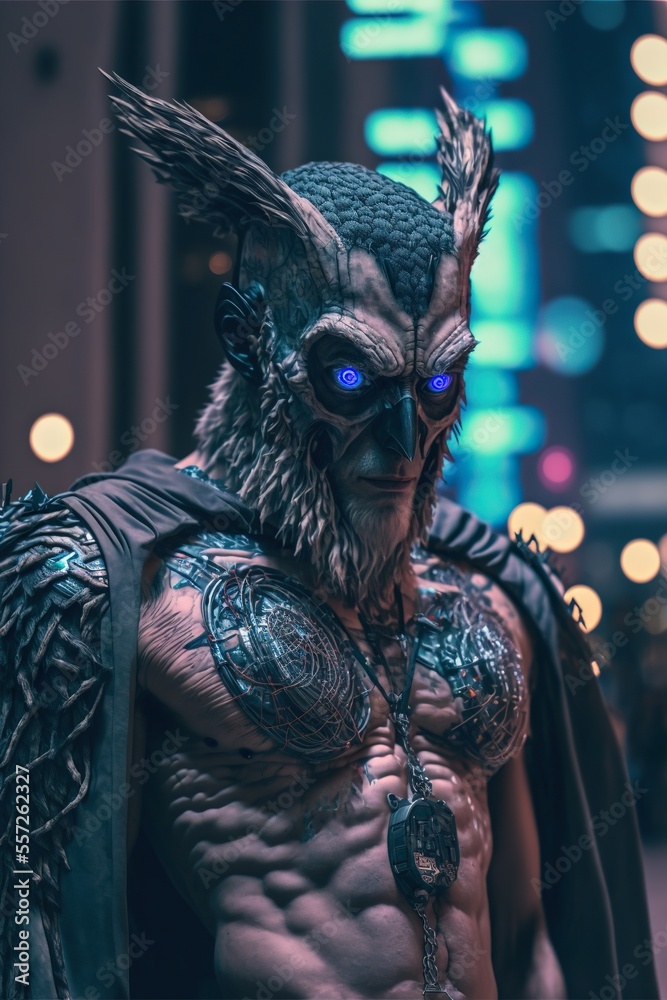 Humanoid owl mutant in a cyberpunk city, character design. Stock ...