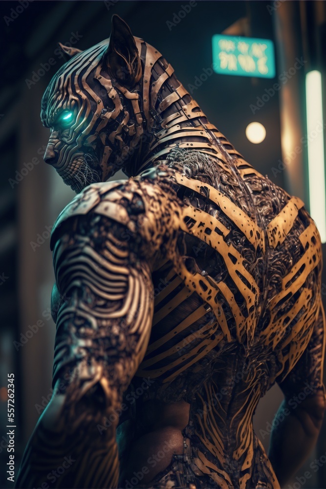 Humanoid tiger mutant in a cyberpunk city, character design. Stock ...
