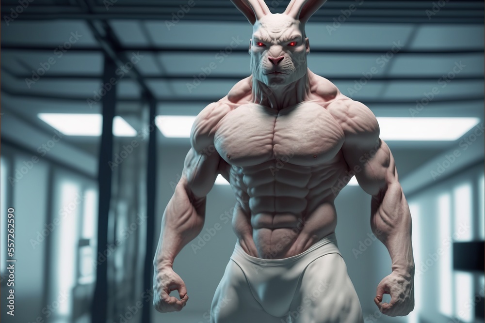 Jacked Muscle Bodybuilder Bunny Rabbit Humanoid Mutant Working Out In The Gym Stock Illustration