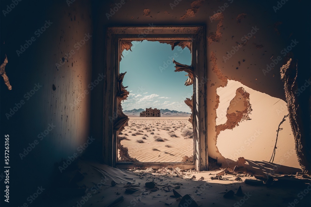 A vast, empty desert wasteland, dotted with crumbling ruins and haunted ...