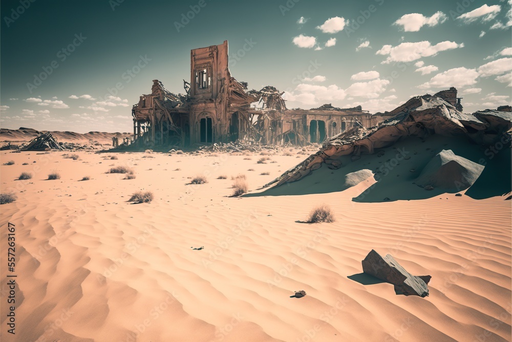 A vast, empty desert wasteland, dotted with crumbling ruins and haunted ...