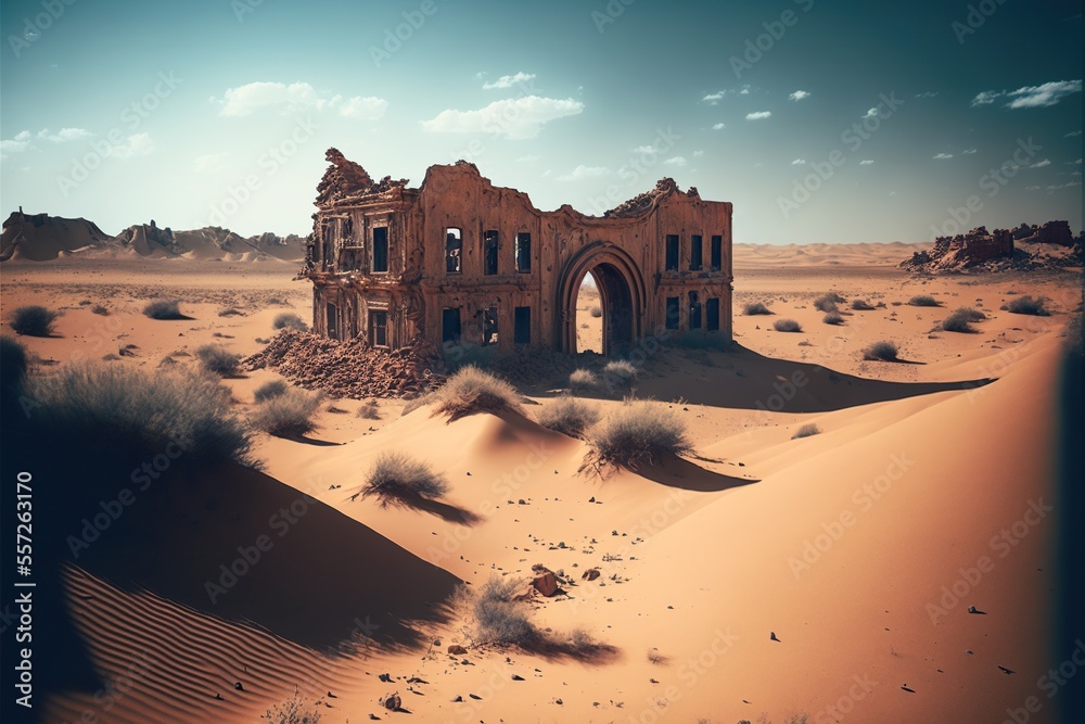 A vast, empty desert wasteland, dotted with crumbling ruins and haunted ...