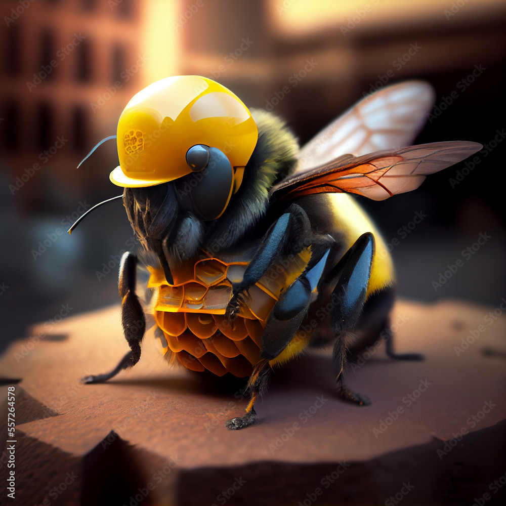 Little Worker Bee Character Exploring Flower Field Wearing Helmet ...