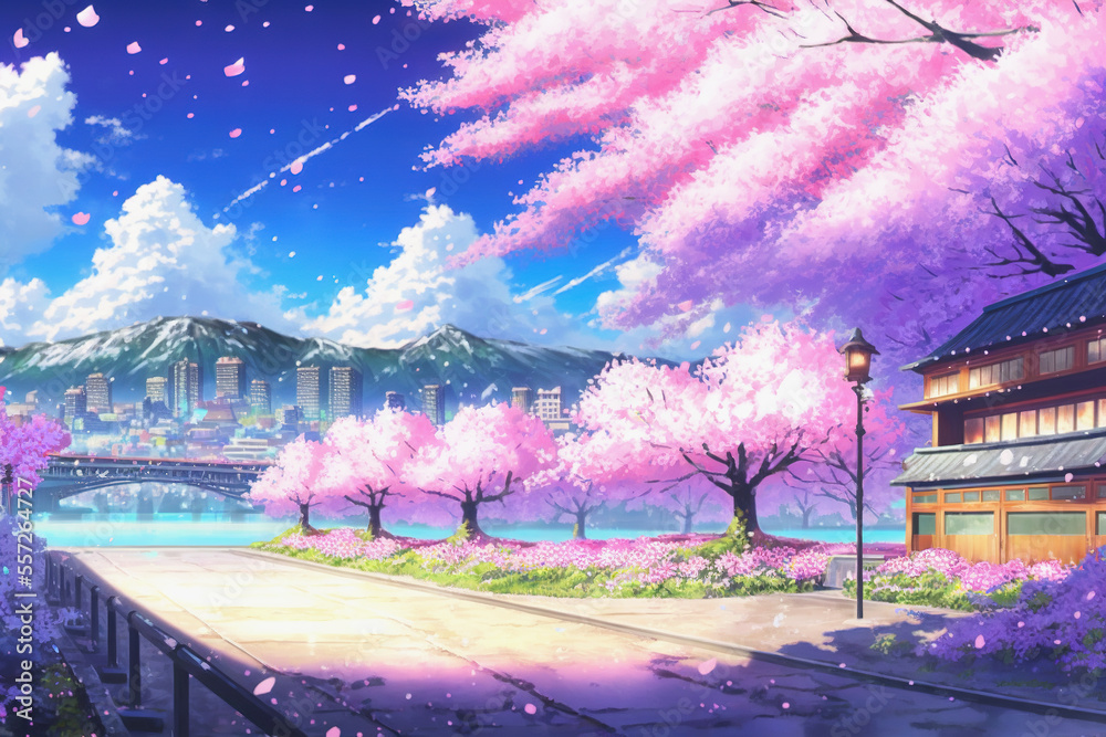 ai midjourney generated anime city illustration in spring with japanese ...