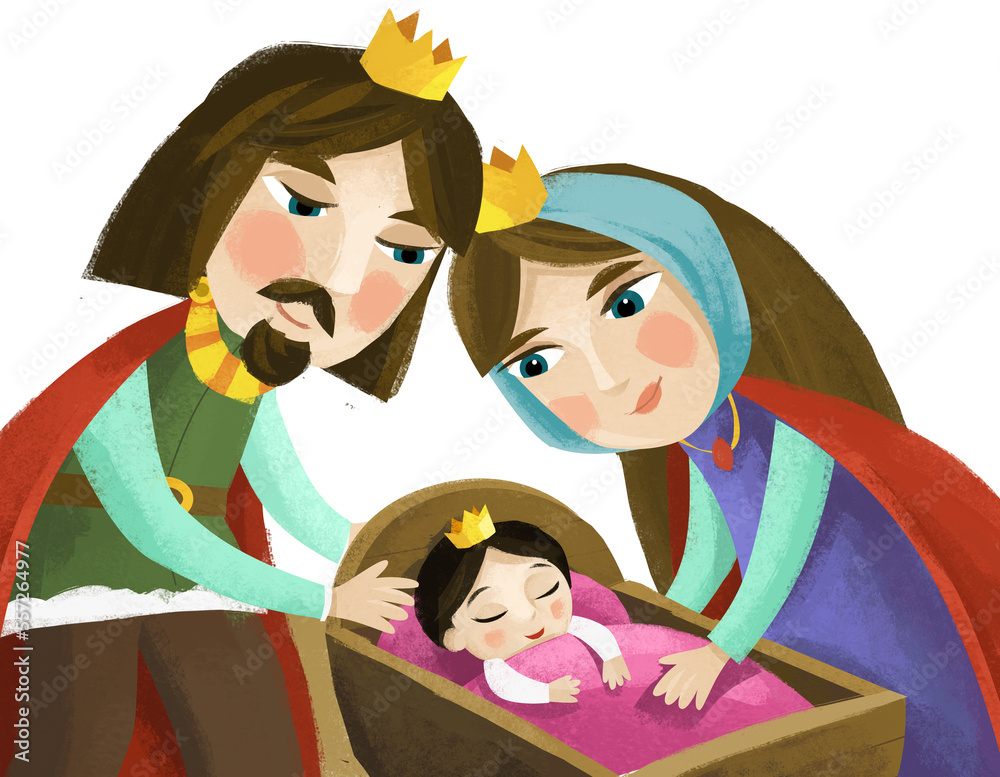 cartoon scene with queen and king with son or daughter being happy in ...