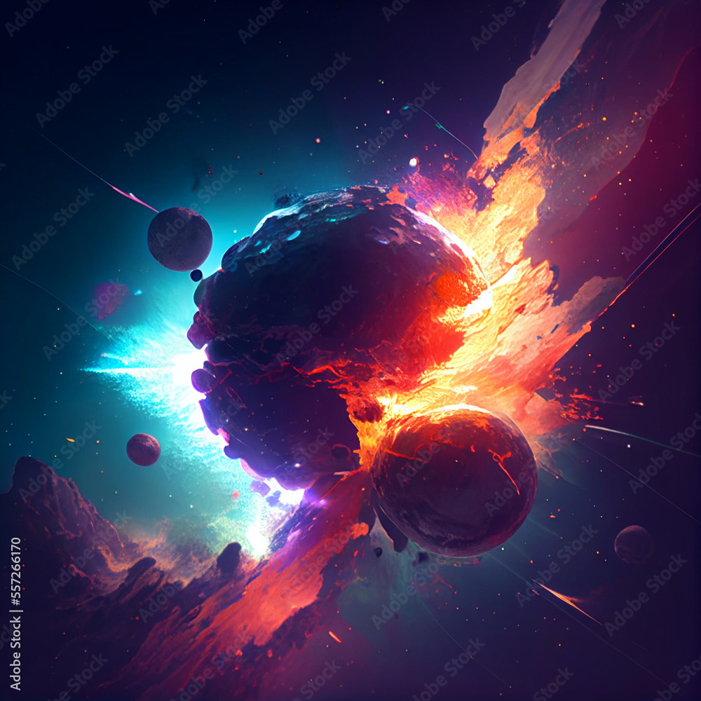 two colliding planets with explsion in space, generative ai Stock ...