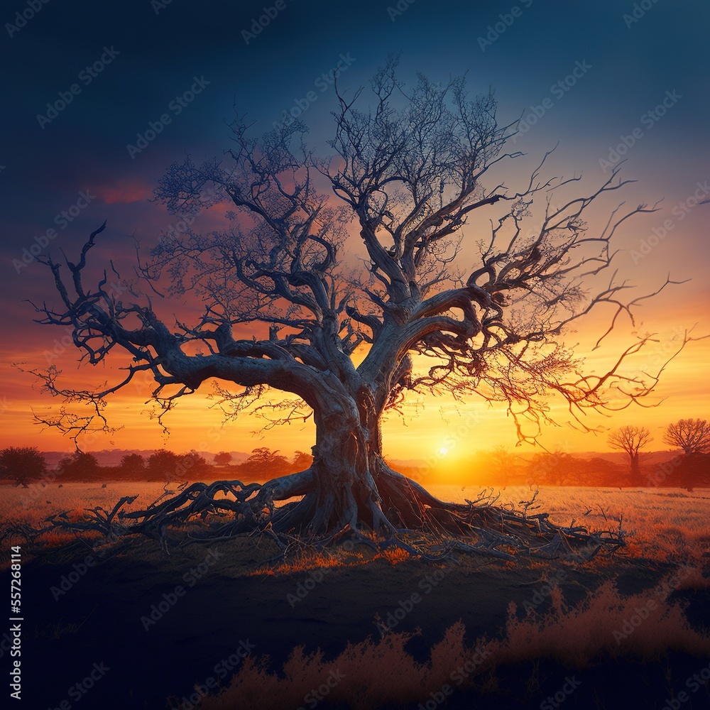 An old, withered branched oak in field on sunset. Generative AI. Stock ...