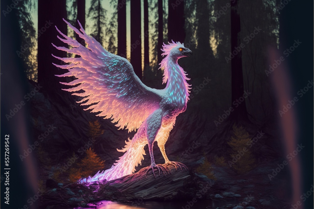 A surreal depiction of a Bioluminescence white phoenix with shimmering ...