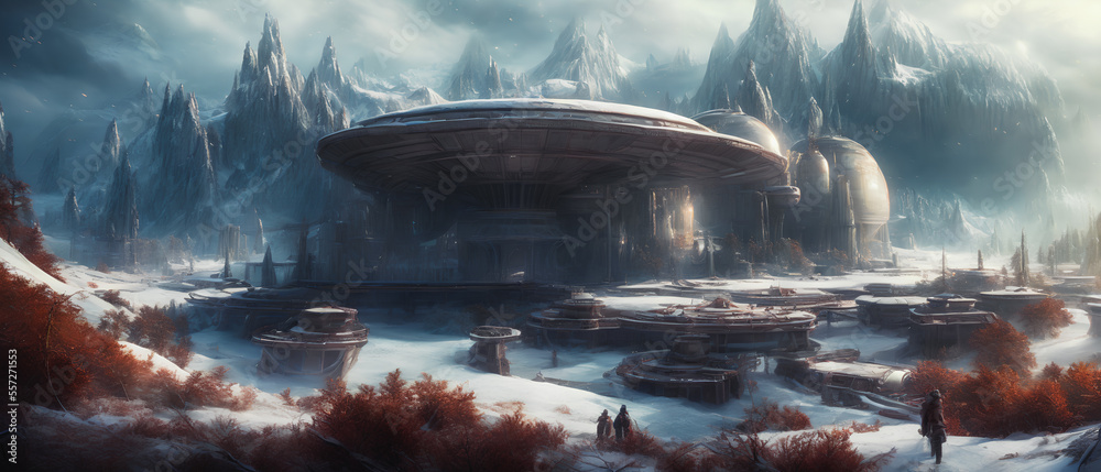 Colonized, icy planet with a vast, snowy landscape and towering ...