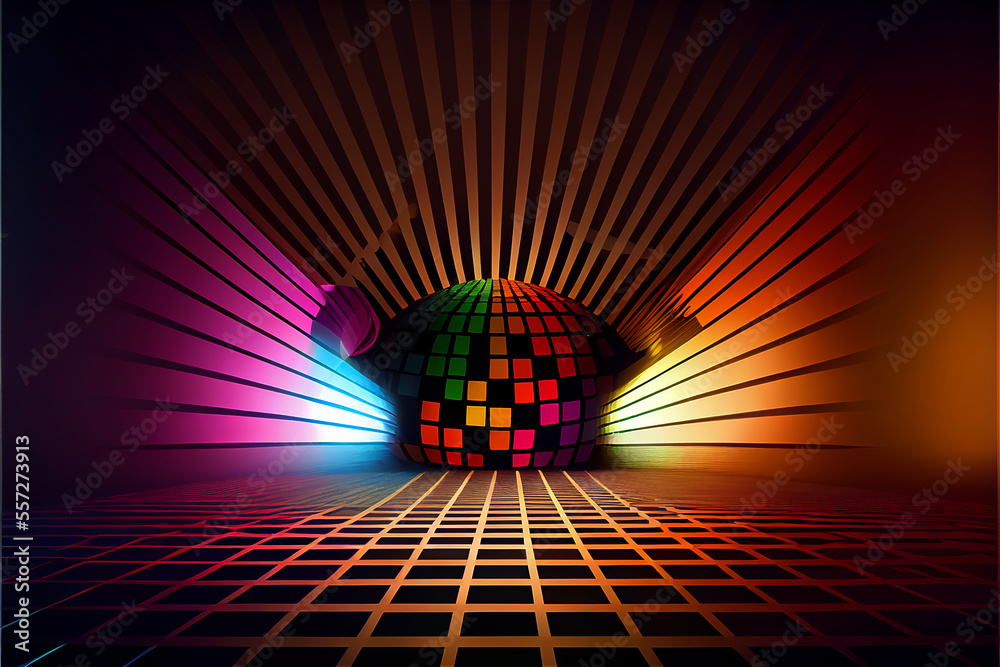 retro colorful disco background with mirror ball and spotlights on the dancefloor, generative ia ...