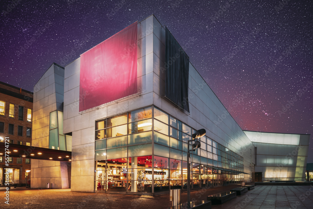 Helsinki, Finland. Very Peri Starry Sky Evening Night View Of Kiasma ...