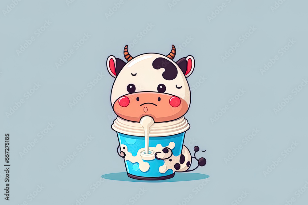 Cartoon artwork of a cute cow drinking milk. Animal drink symbol ...