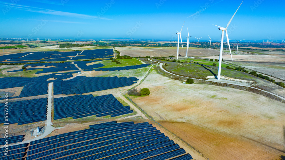 Aerial view of wind turbine farm. Solar park substation in Cádiz ...
