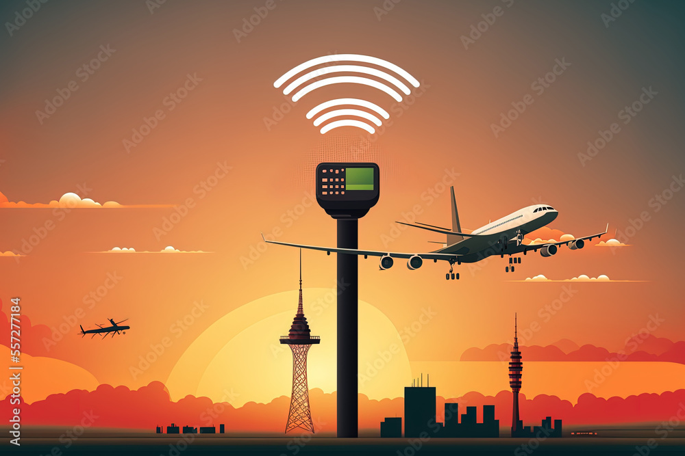 Aircraft landing and a cell phone tower with 5G on the C Band ...