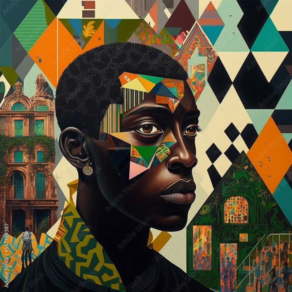 Black man, with african masks, made from squares, circles, letters ...